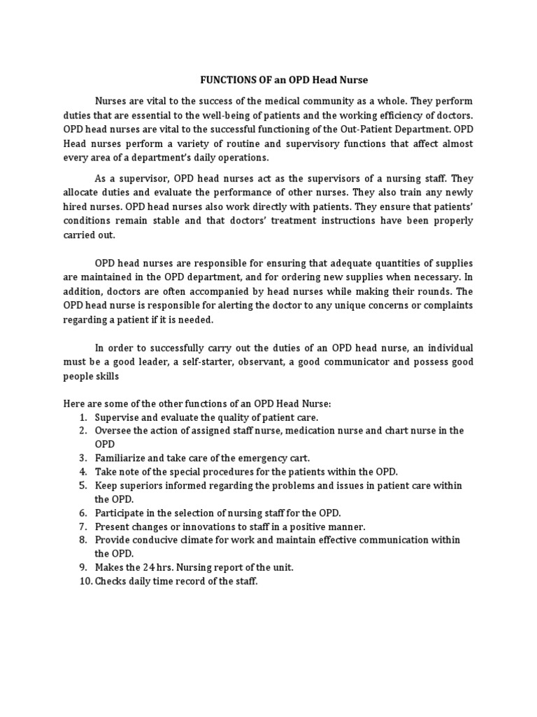 OPD Head Nurse Roles and Responsibilities | PDF