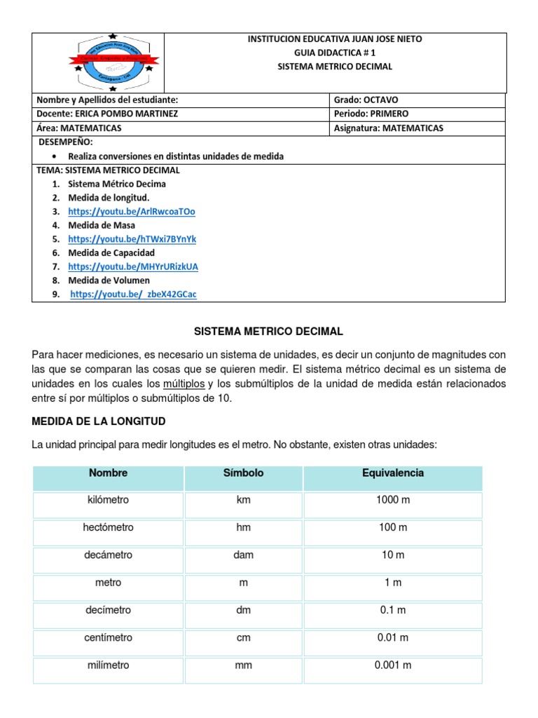 GUIA 1 Sistema Metrico Decimal 8° | PDF | Volumen | Unidades de medida