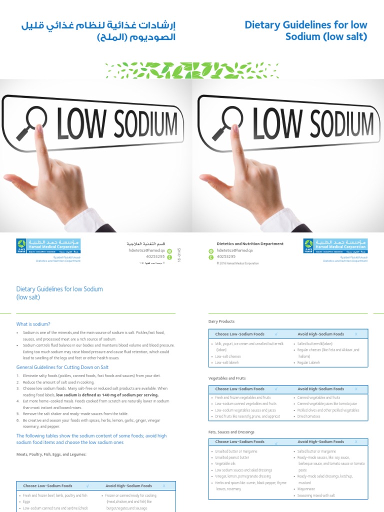 Dietary Guidelines For Low Sodium (Low Salt) - English and Arabic | PDF ...