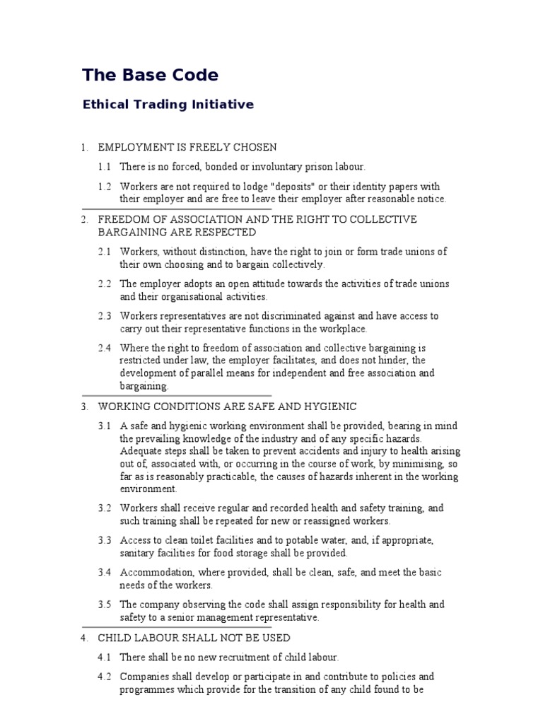 The Base Code: Ethical Trading Initiative | PDF | Child Labour ...