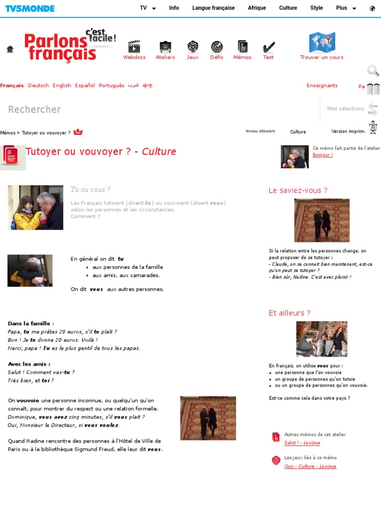 Tutoyer Ou Vouvoyer Quelqu'un - Parlons Français, C'est Facile ! | PDF ...