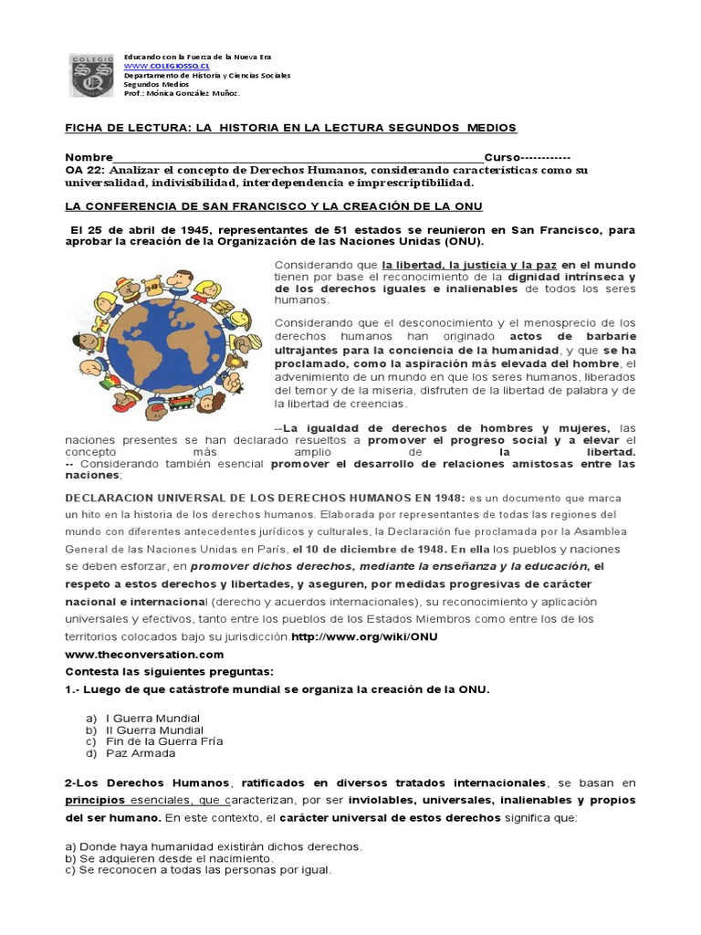 Ficha de Comprension Lectora N°2 ONU DERECHOS HUMANOS | PDF | Naciones ...