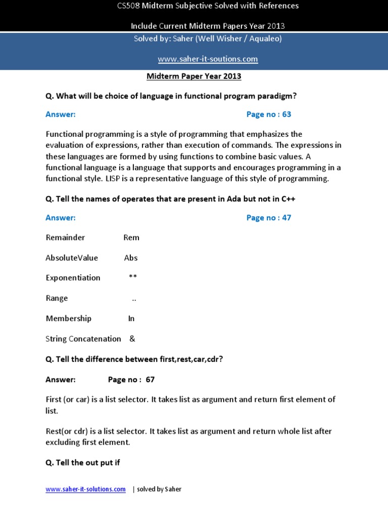 Cs508 Midterm Solved Current Subjective Papers Withrefernces Pdf Object Oriented Programming