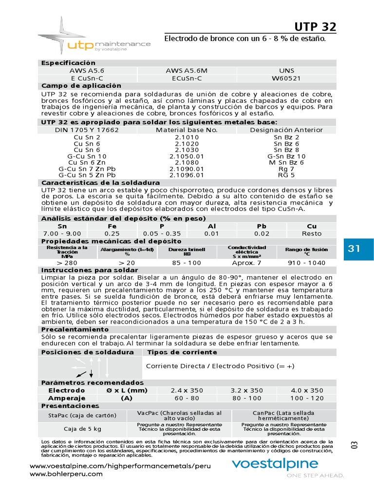 UTP 32: Electrodo de bronce para soldadura | PDF | Estaño | Cobre