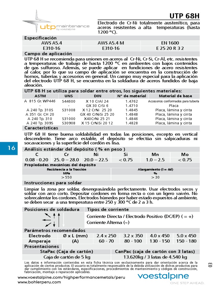 Utp 68H: Electrodo de Cr-Ni Totalmente Austenítico, para Aceros ...