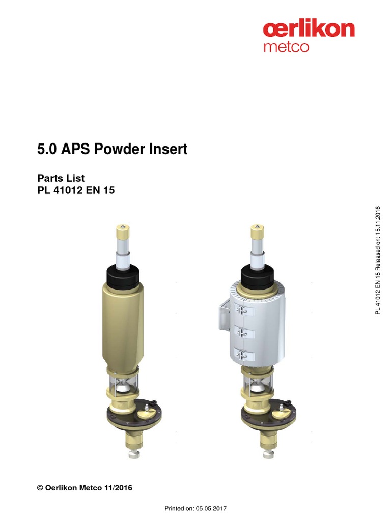 5.0 APS Powder Insert: Parts List PL 41012 EN 15 | PDF | Manufactured ...