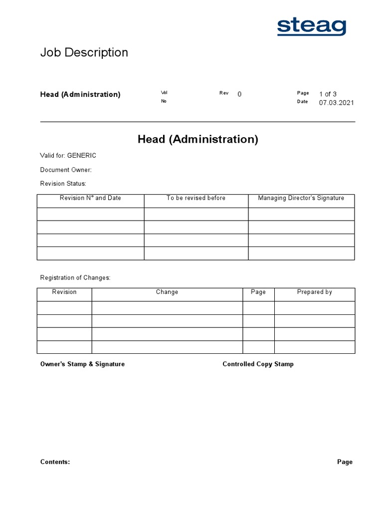 SESI - Job Description Head Administration | PDF | Business