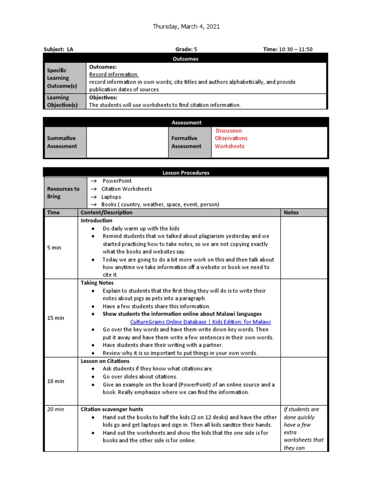 March 4 - Citations Lesson Plan | PDF | Lesson Plan | Citation