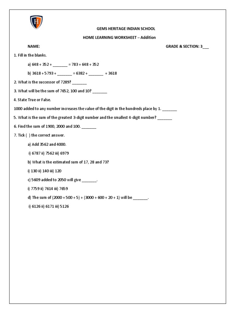 Gems Heritage Indian School Home Learning Worksheet - Addition Name ...