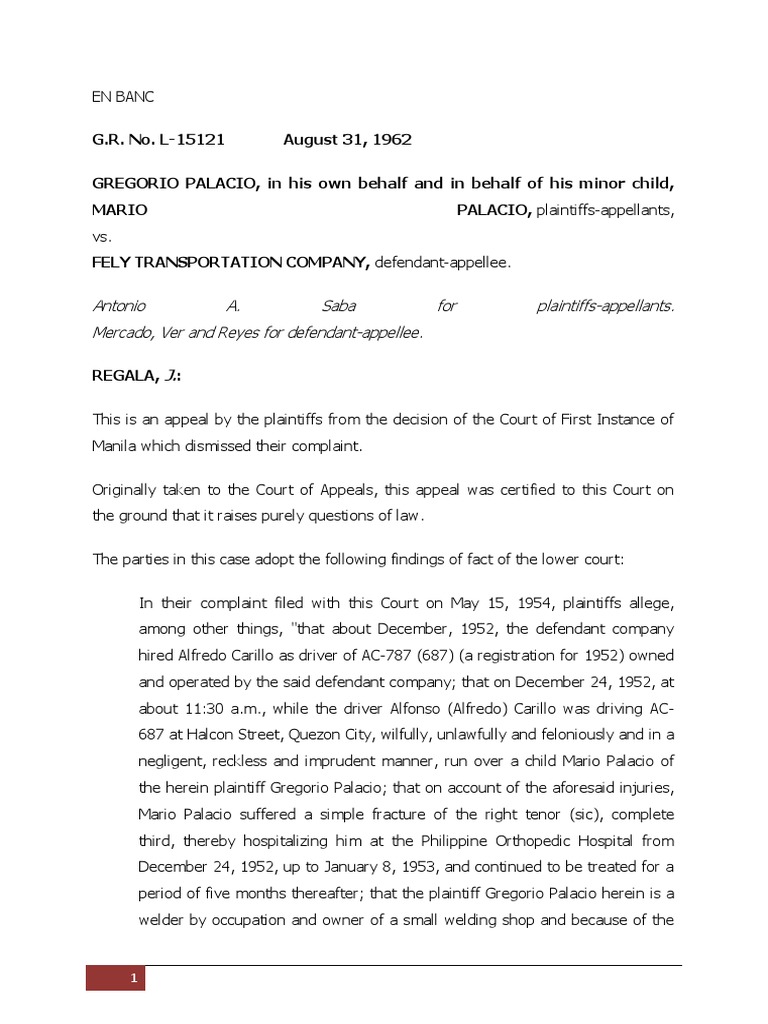 Palacio Vs Fely Transportation (1962) | PDF | Damages | Prosecutor