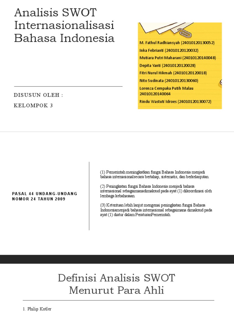 Analisis SWOT Internasionalisasi Bahasa Indonesia - Kelompok 3 | PDF