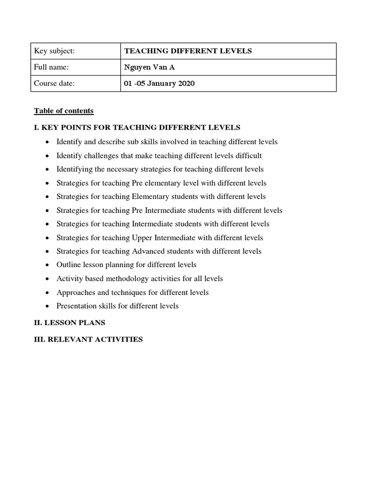 SAMPLE - Teaching Different Levels | PDF | Lesson Plan | Vocabulary