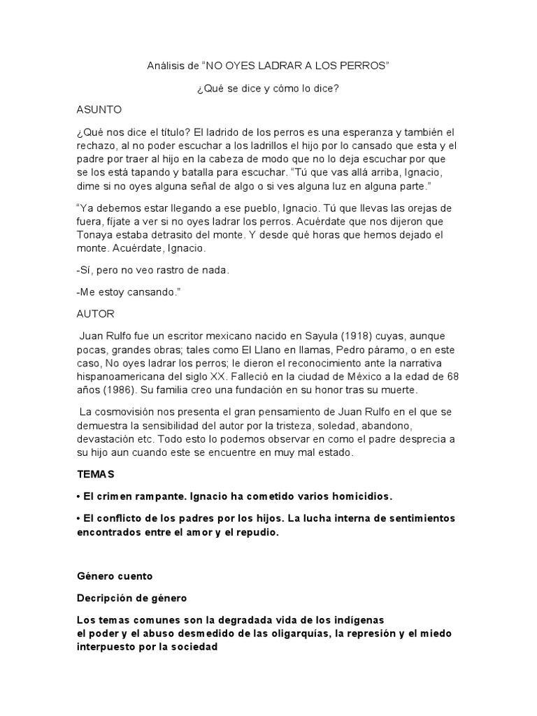 Analisis de No Oyes Ladrar A Los Perros | PDF | Cuentos | Amor