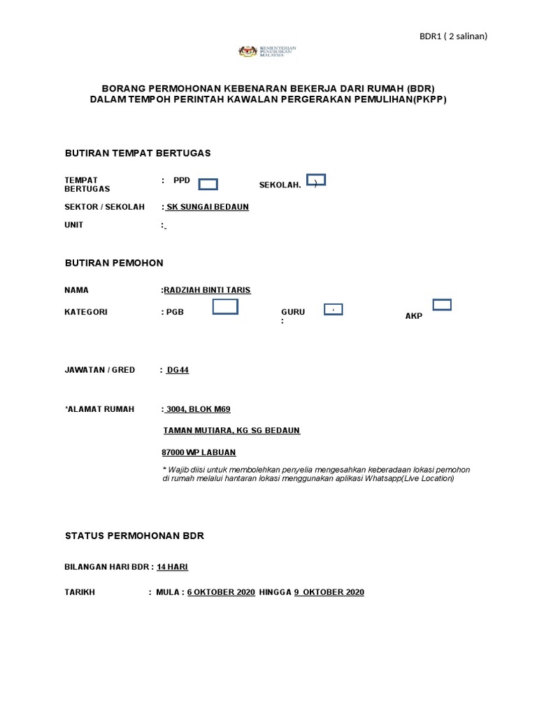 Borang Permohonan BDR PKPP Rad | PDF