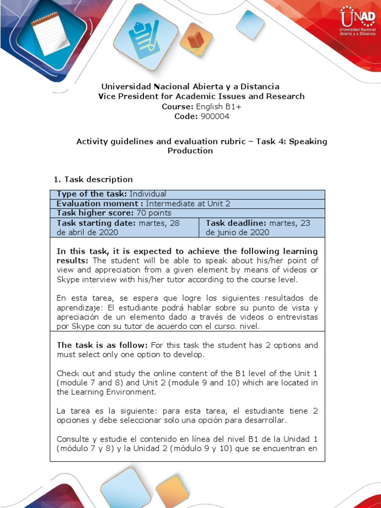 Activities Guide and Evaluation Rubric - Unit 2 - Task 4 - Speaking Production | PDF ...