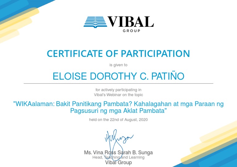 Certificate of Participation: Eloise Dorothy C. Patiño | PDF