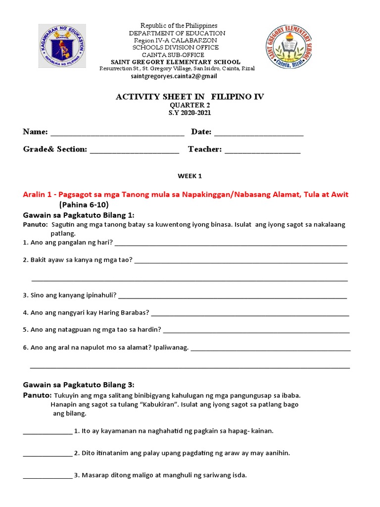 Activity-Sheets-for-Week 1-8-2nd-Month FILIPINO4 | PDF