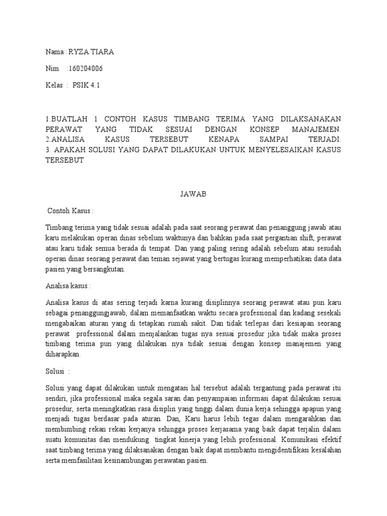 Jawaban Contoh Kasus Timbang Terima Ryza Tiara (Ibu Adven) | PDF | Karier & Perkembangan