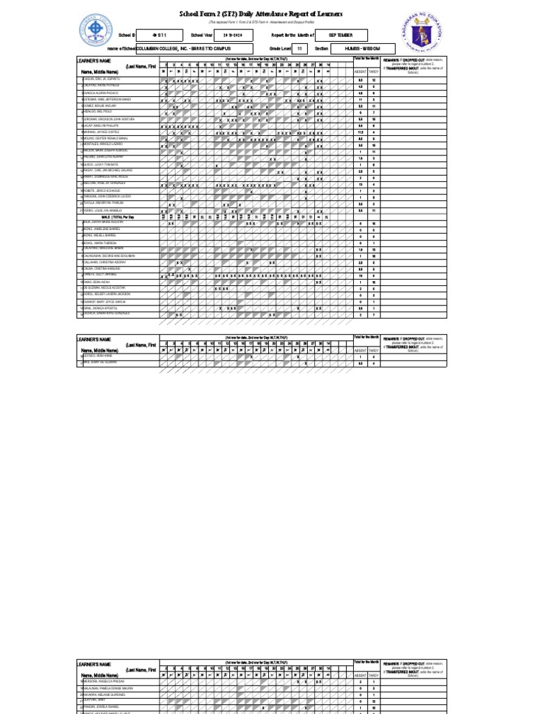 School Form 2 (SF2) Daily Attendance Report of Learners | Download Free ...