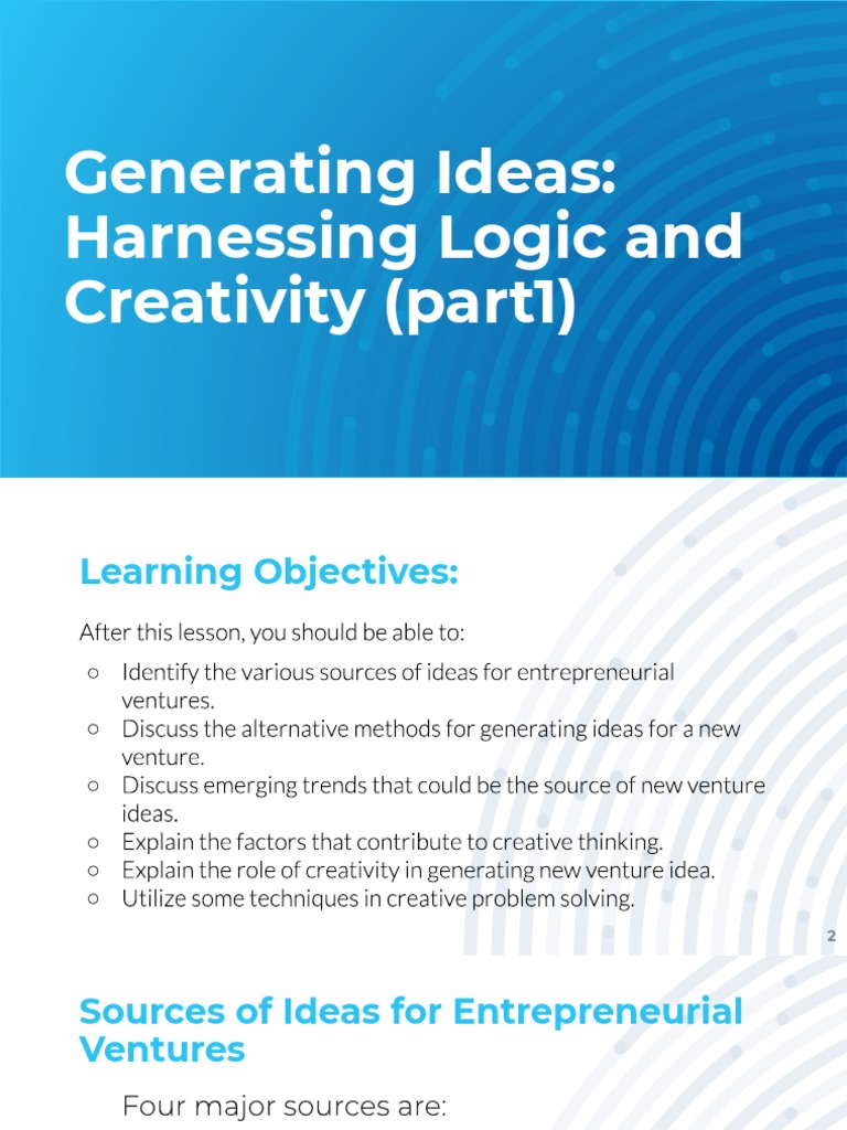 Lesson 2 - Generating Ideas - Harnessing Logic and Creativity p.1 | PDF