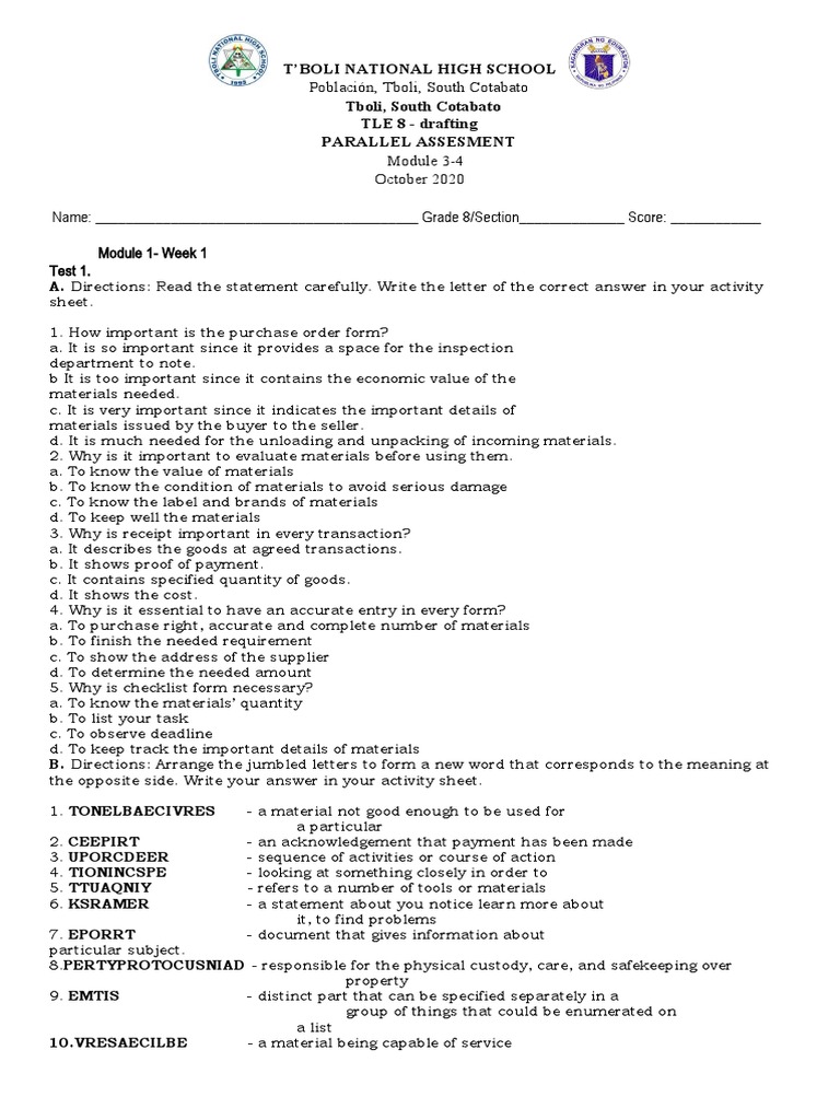 T'BOLI NATIONAL HIGH SCHOOL DRAFTING ASSESSMENT | PDF | Triangle ...