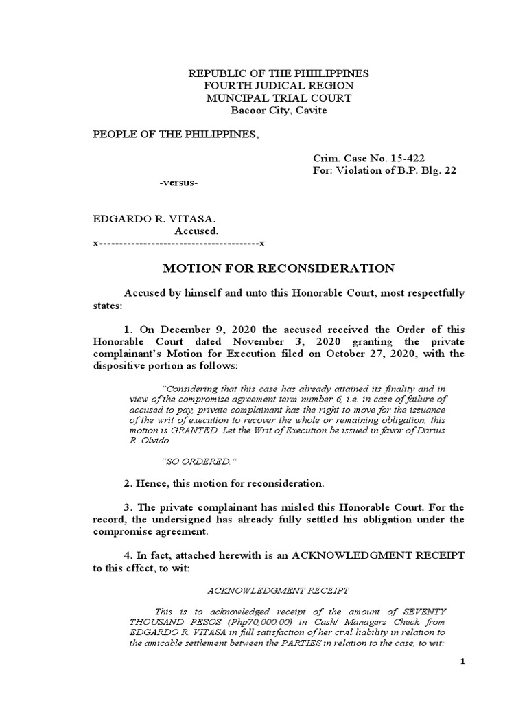 Motion For Reconsideration Bacoor BP 22 | PDF | Courts | Judiciaries