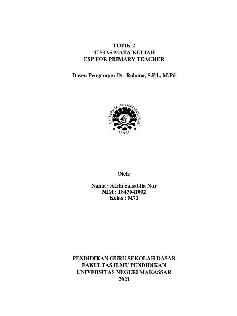 Topik 2 Tugas Mata Kuliah Esp For Primary Teacher | PDF | Reading ...