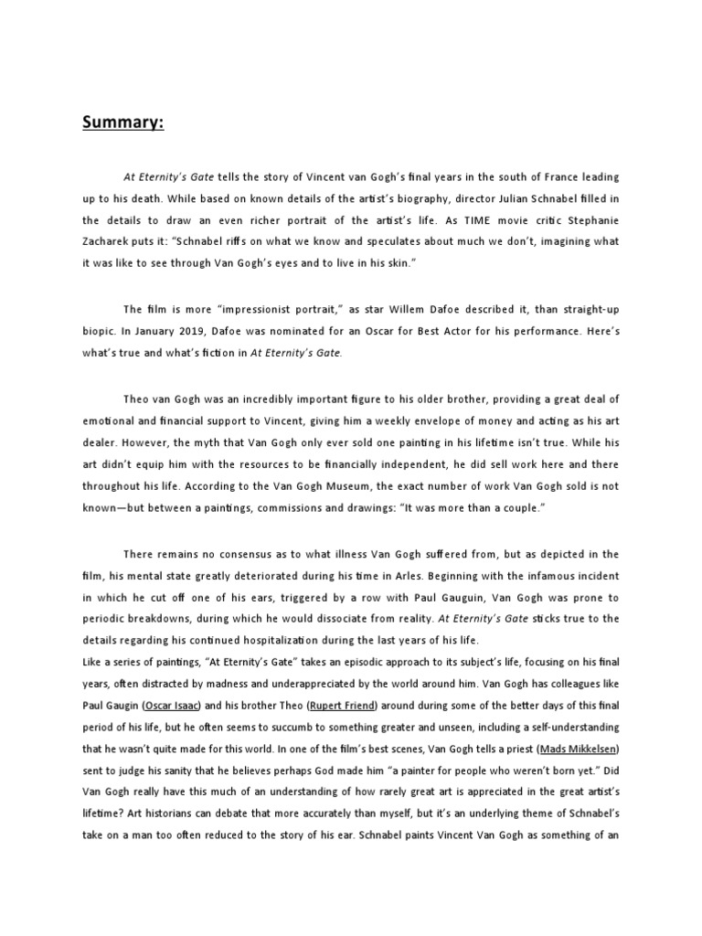 Summary | PDF | Vincent Van Gogh | Paintings