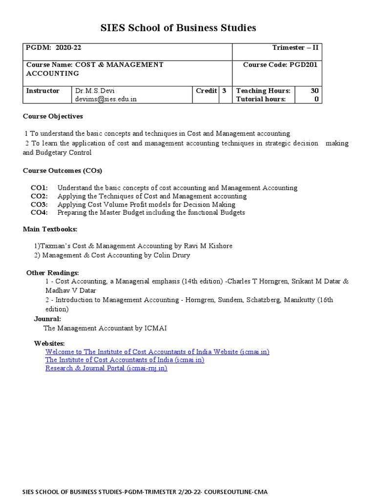 CMA Course Outline | PDF | Management Accounting | Rubric (Academic)