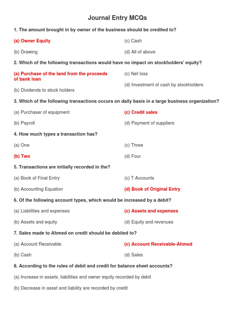 Journal, Ledger, Trail Balance and Finnancial Statement MCQs | PDF ...