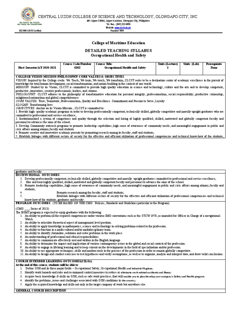 Occupational Health and Safety Syllabus SY2020-2021 | PDF | Occupational Safety And Health ...