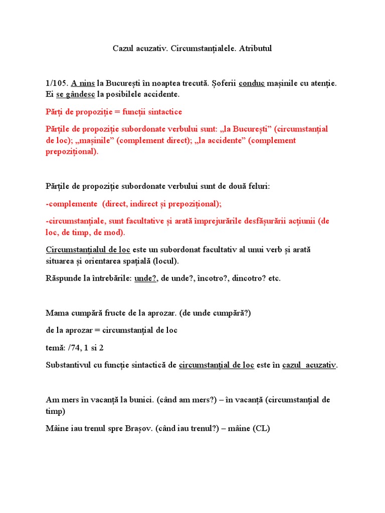 Cazul Acuzativ, Circumstanțialele. A VI-A A | PDF