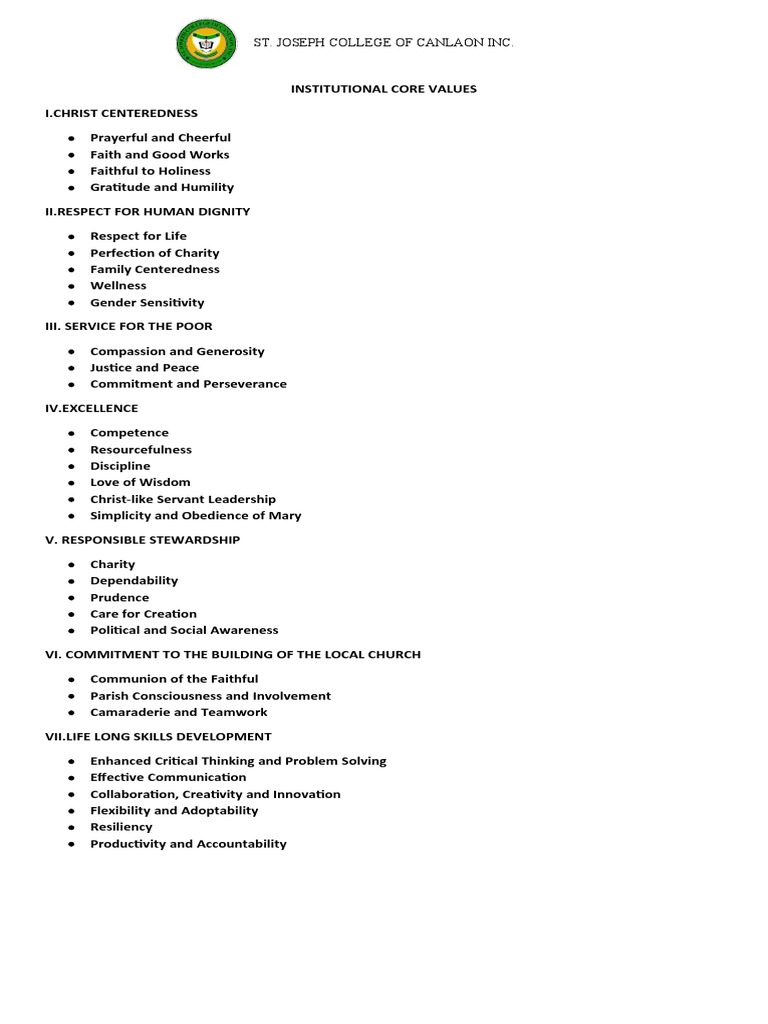 Institutional Core Values I.Christ Centeredness: St. Joseph College of ...