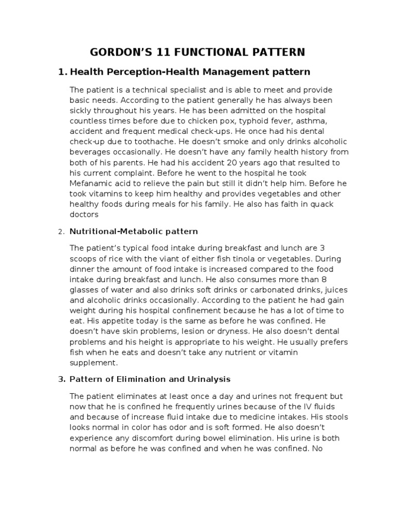 Gordon'S 11 Functional Pattern: 1. Health Perception-Health Management ...