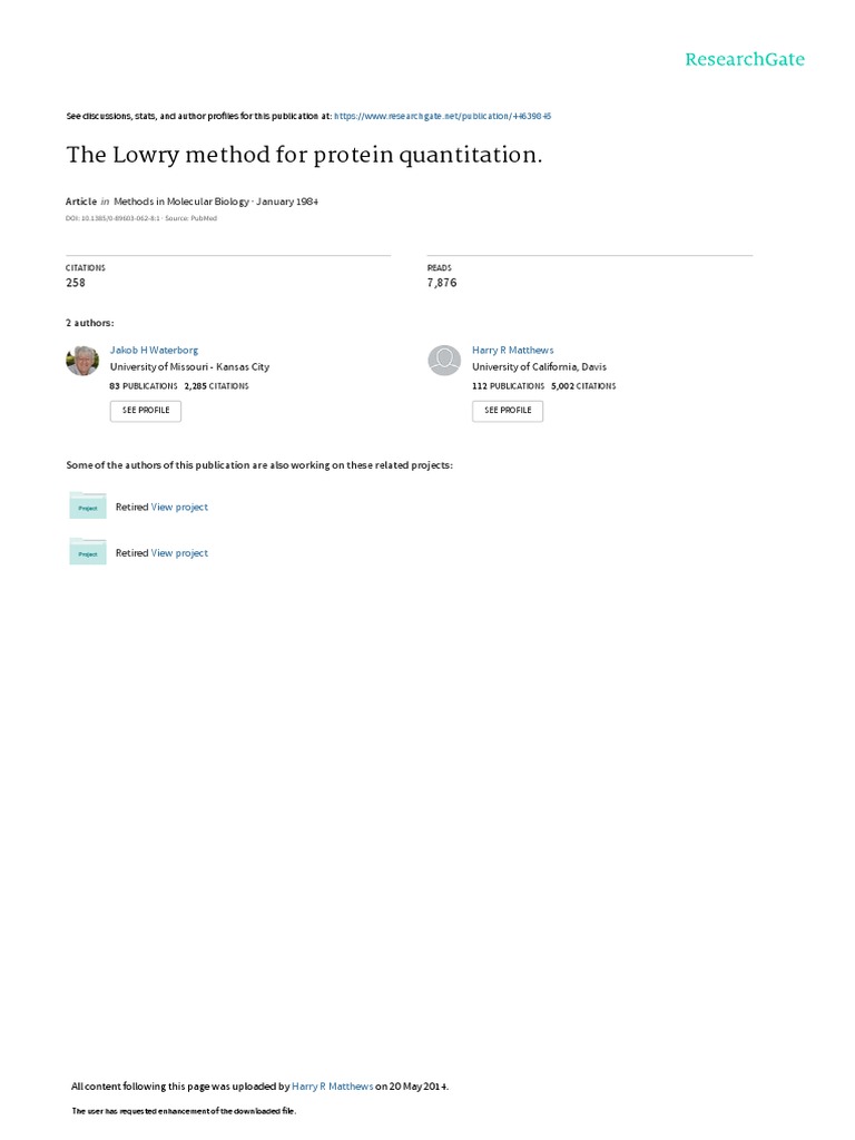 The Lowry Method For Protein Quantitation | PDF | Biochemistry | Chemistry