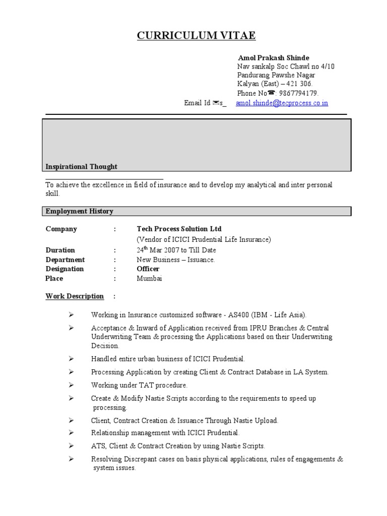 Curriculum Vitae: Amol Prakash Shinde | PDF | Microsoft Excel | Insurance