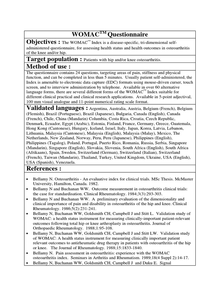 Womac Questionnaire Information | PDF | Osteoarthritis | Medicine