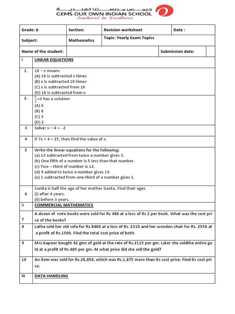 Grade 6 Revision Work Sheet 2020-21 - Yearly Exam | PDF | Ratio ...