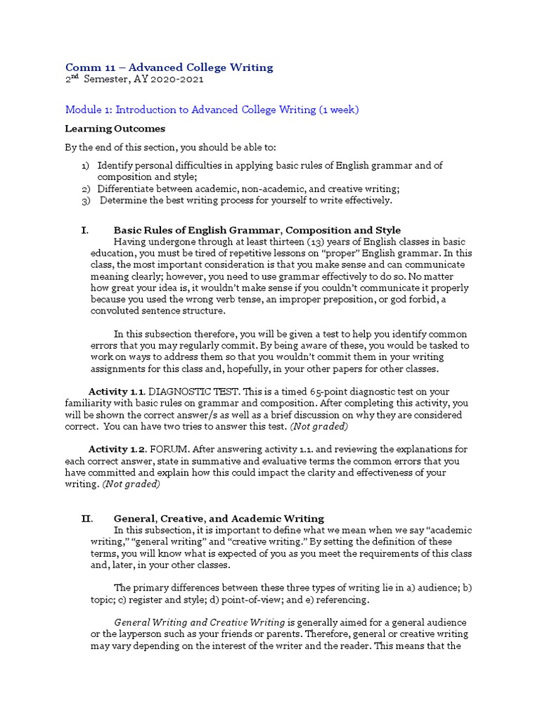 Module 1: Introduction To Advanced College Writing (1 Week) : 2 ...