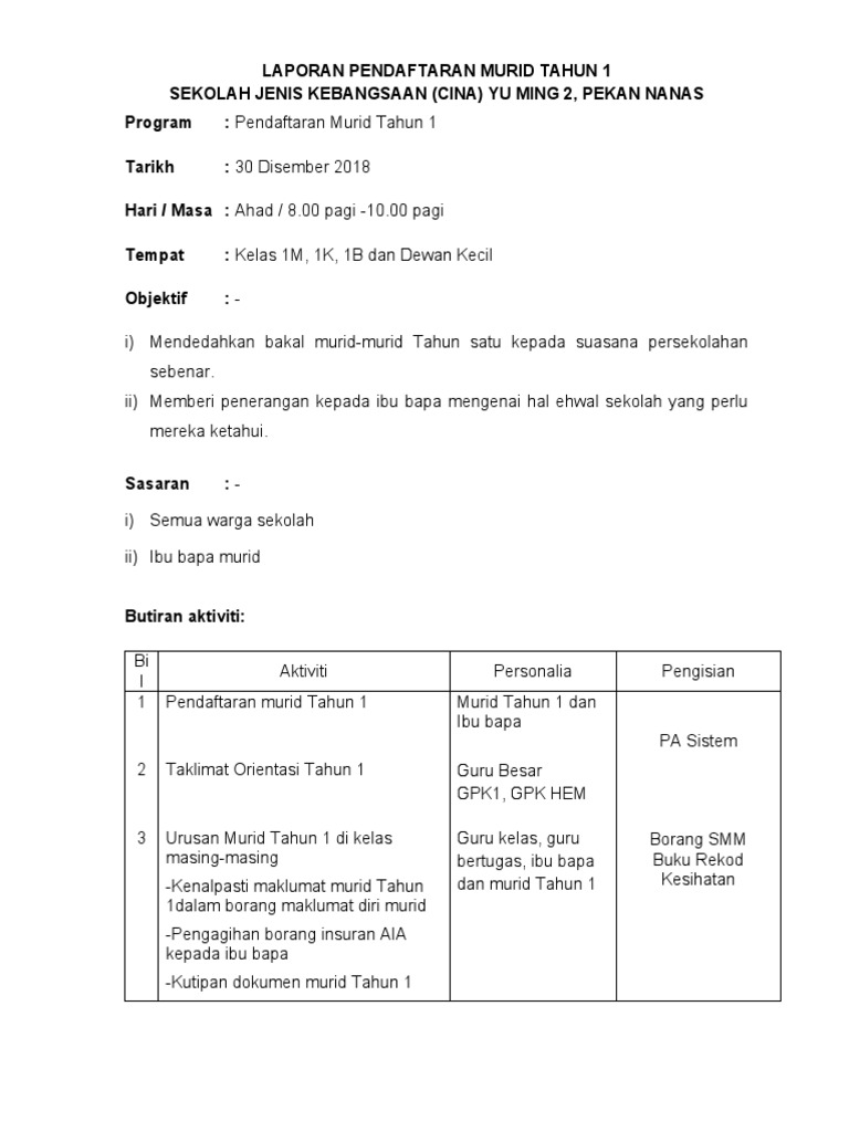 Laporan Pendaftaran Murid Tahun 1 | PDF