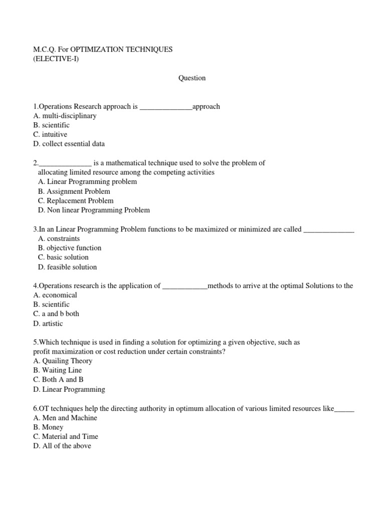 MCQ Optimization Techniques | PDF | Linear Programming | Mathematical Optimization