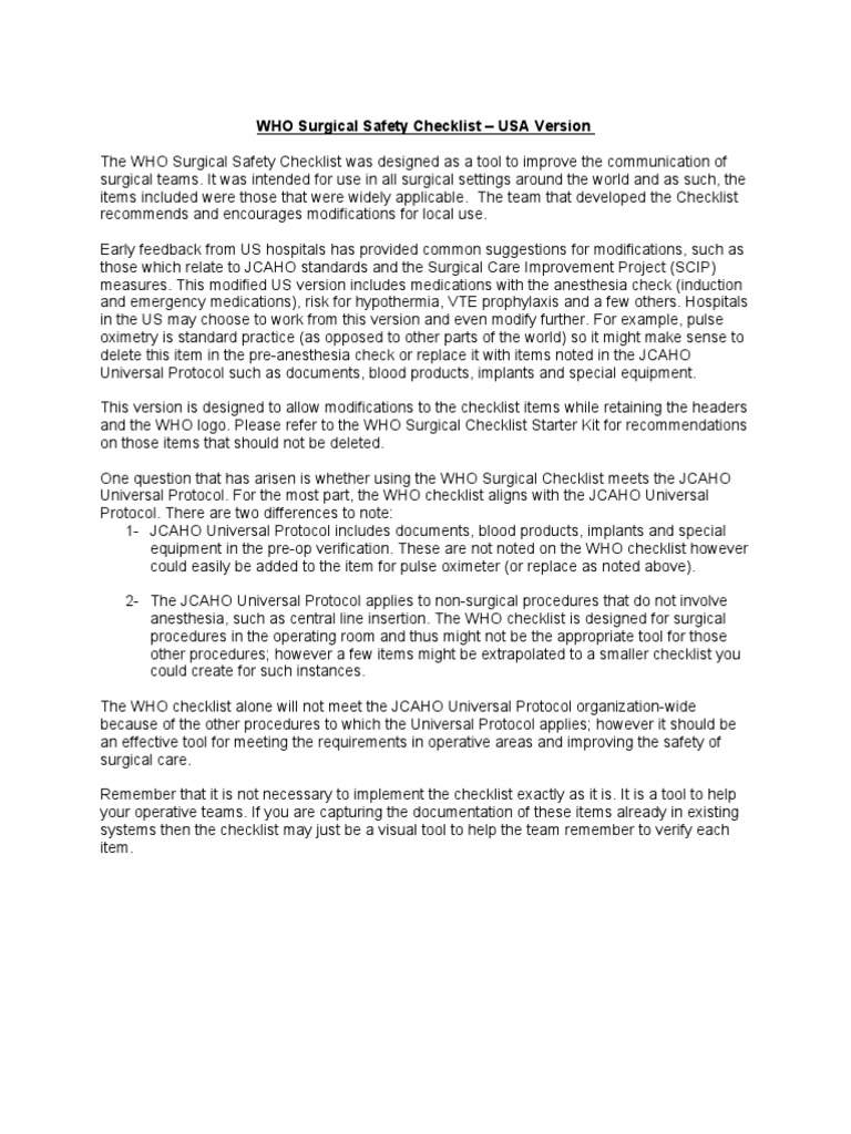 WHOSurgical Safety Checklist Template | PDF | Surgery | Clinical Medicine