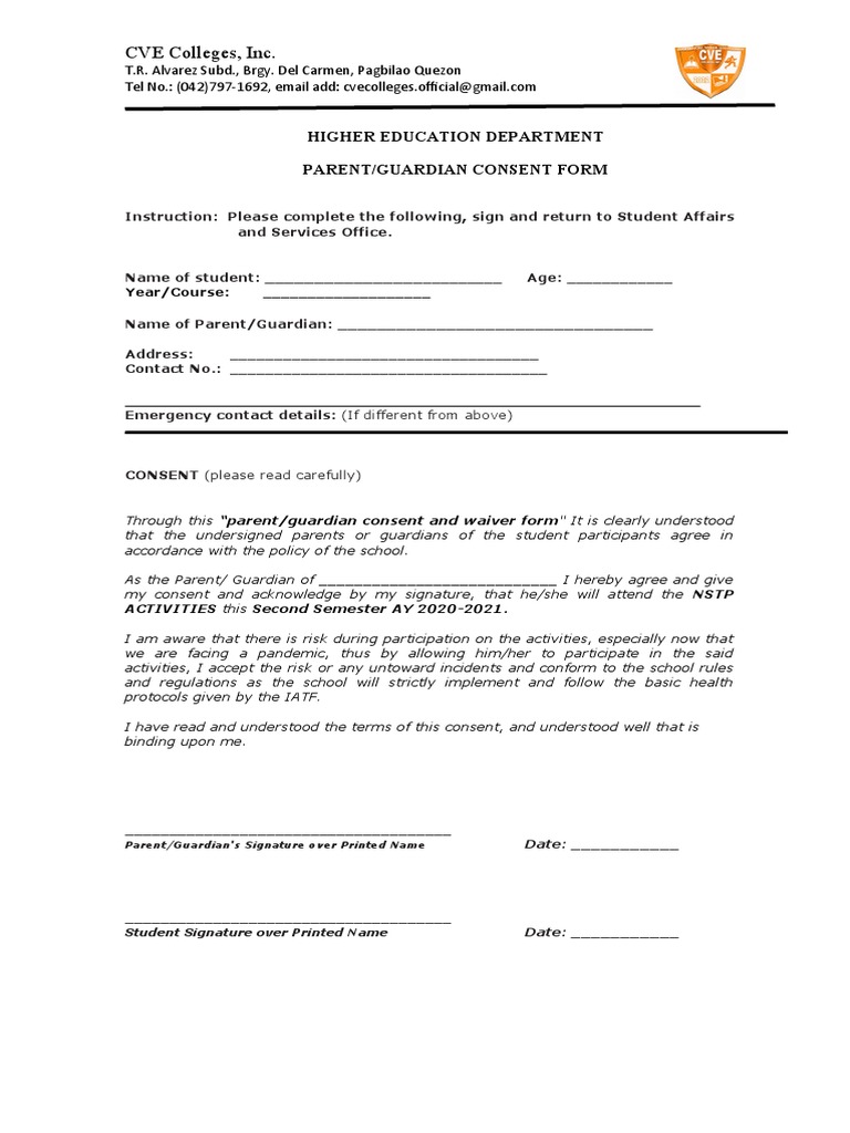 CVE Colleges, Inc.: Higher Education Department Parent/Guardian Consent Form | PDF