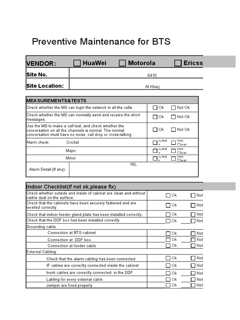 BTS Preventive Maintenance Checklist | PDF | Radio Technology | Networks