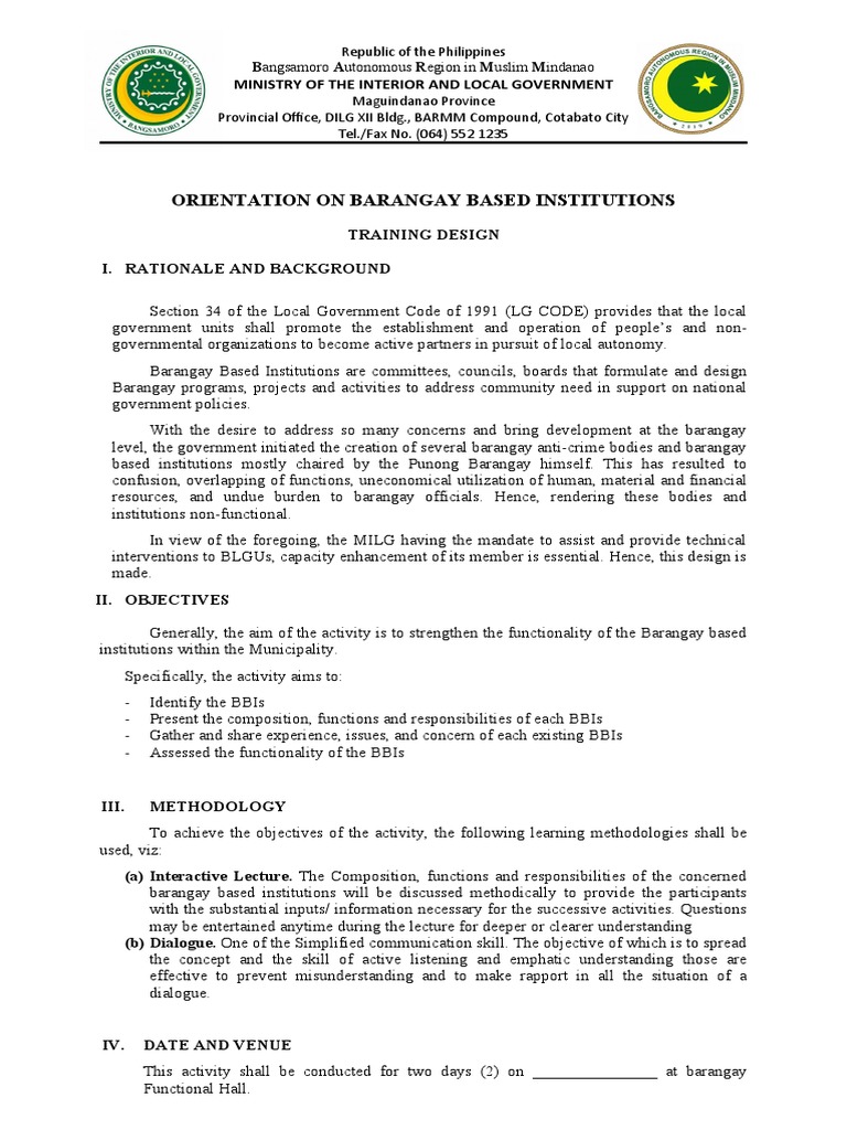 Orientation on Barangay Based Institutions Training Design | PDF ...