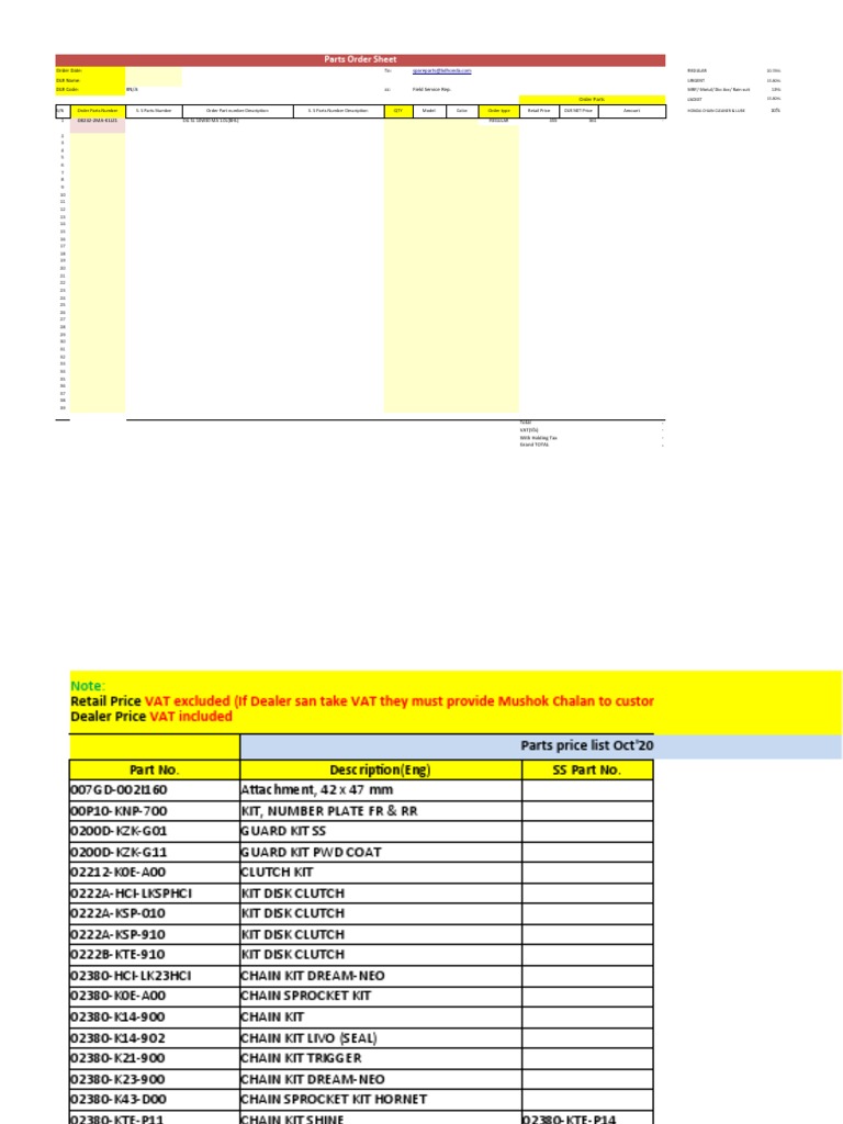 Parts Order Sheet Update Oct'20 | PDF | Clutch | Engines