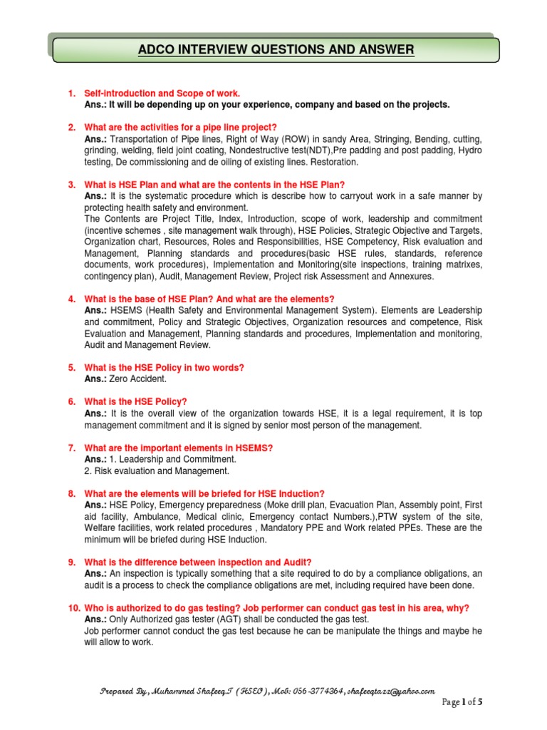 ADCO Interview Quesiton and Answer | PDF | Combustion | Risk Assessment