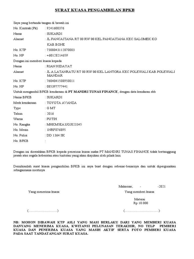 Surat Kuasa Pengambilan BPKB | PDF