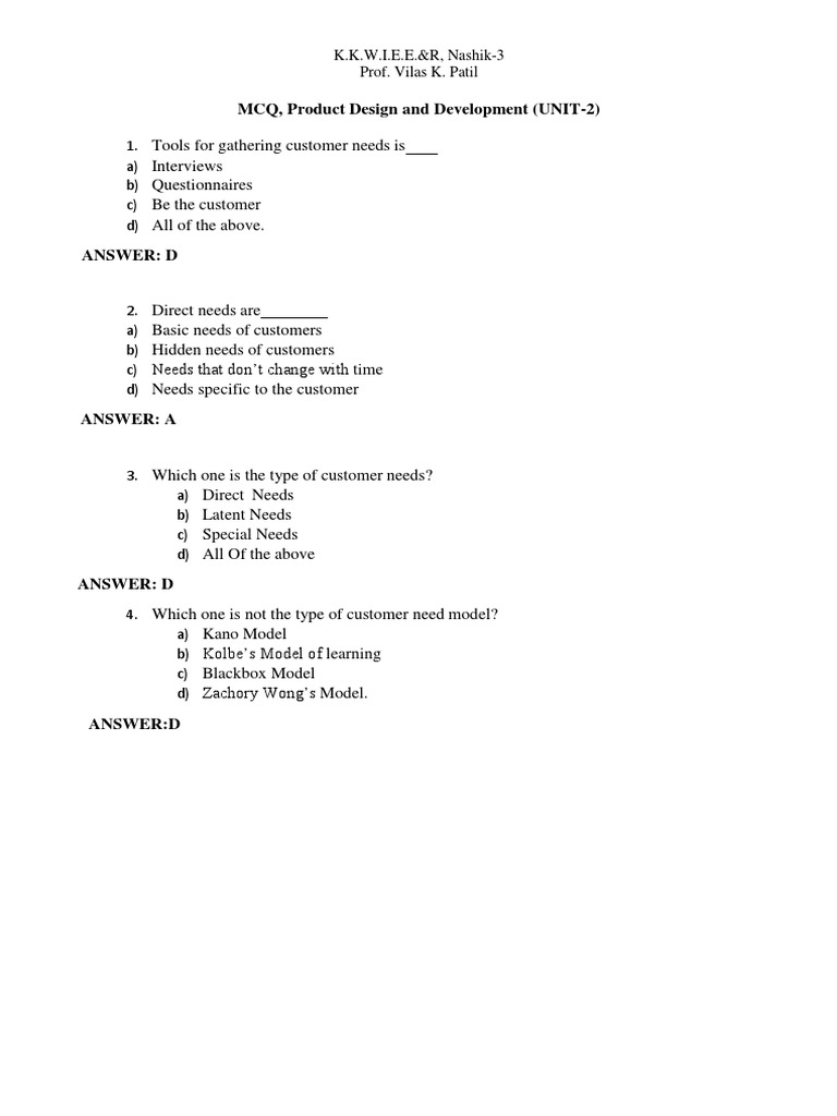 MCQ, Product Design and Development (UNIT-2) : K.K.W.I.E.E.&R, Nashik-3 ...