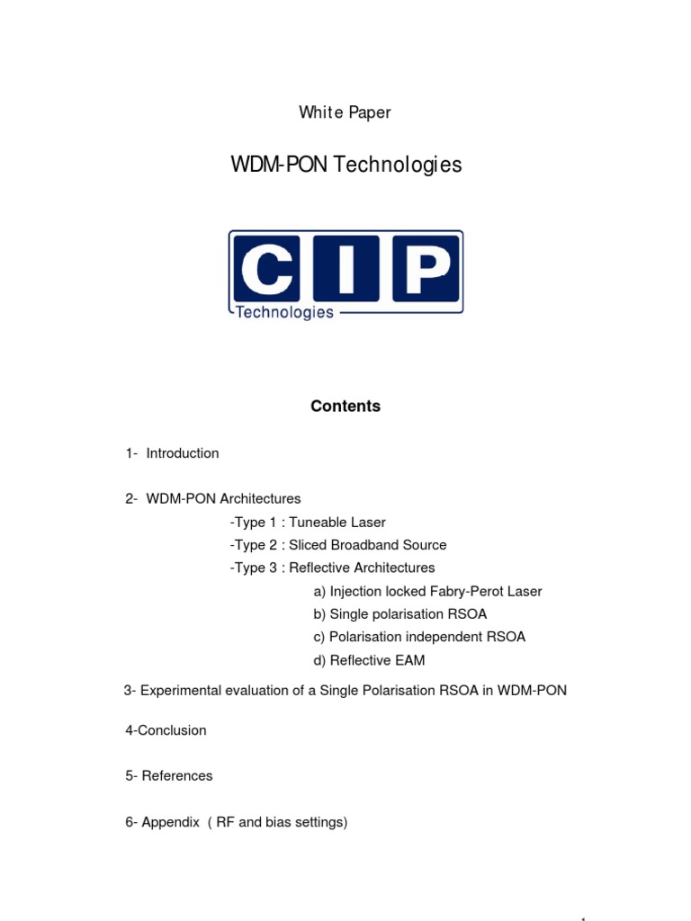 WDM-PON Technologies: White Paper | PDF | Wavelength Division Multiplexing | Laser